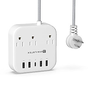 Power Strip, 3 Outlets, 4 USB Charging Ports, 1 USB-C Port, 5Ft Braided Extension Cord. Wall or Desk. Home Office Travel