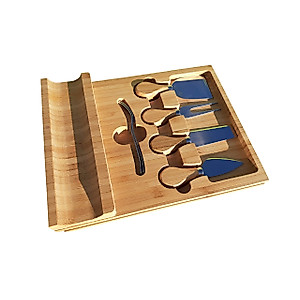 Premium Bamboo Cheese Board with Stainless Steel Knife Set and Ceramic Cups | Great Gift Idea | Size 13.3'' x 13.3'' x 2.2''