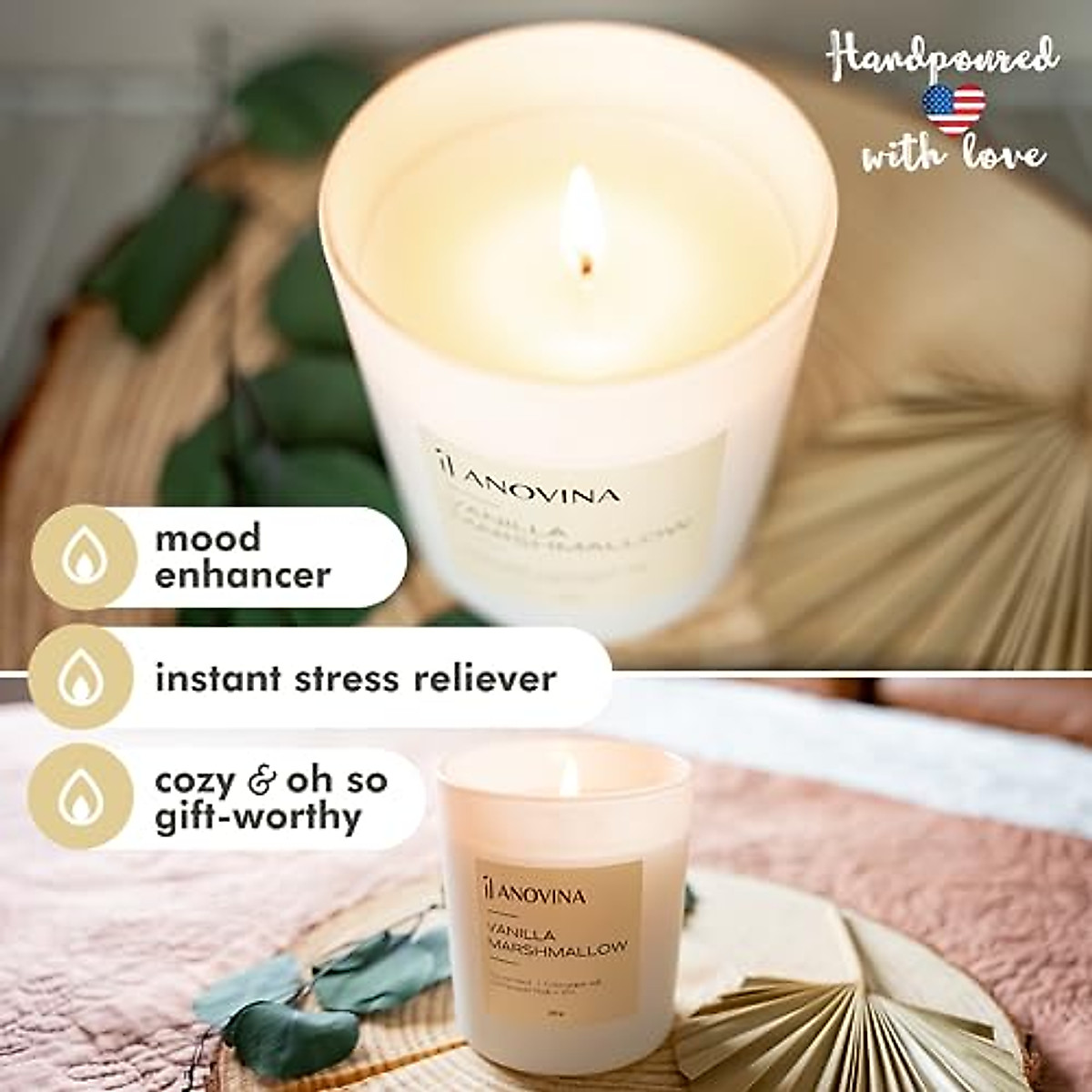 Anovina Vanilla Scented Candle – Hand-Poured in USA, Bamboo Lid & Elegant Gift Box. Candles for Home & Scented Candle Gifts for Someone You Love – A Perfect Valentine's Gift!