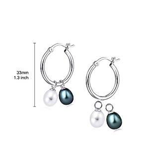 MOLAH 925 Silver Multi-use Hoop Sade Earrings 7-7.5mm Cultured Freshwater Drop White and Black Peacock Pearl 4-in-1 Rhodium Plated