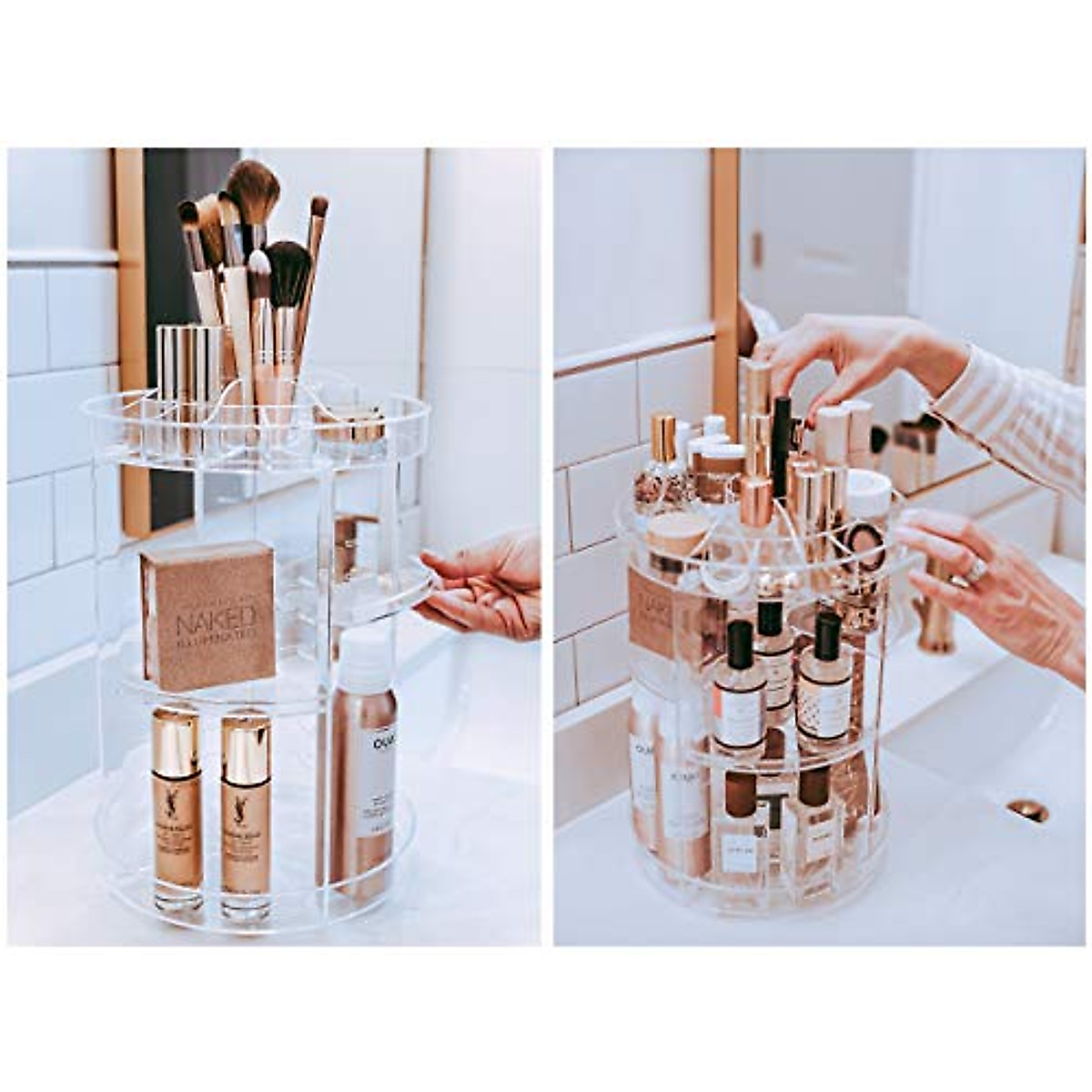Rotating Makeup Organizer by Tranquil Abode | 360 Spinning Storage Display Case | Clear Acrylic Vanity & Bathroom Organizer for Skincare, Perfume, Cosmetic, Beauty, Make up and Essential Oil Products