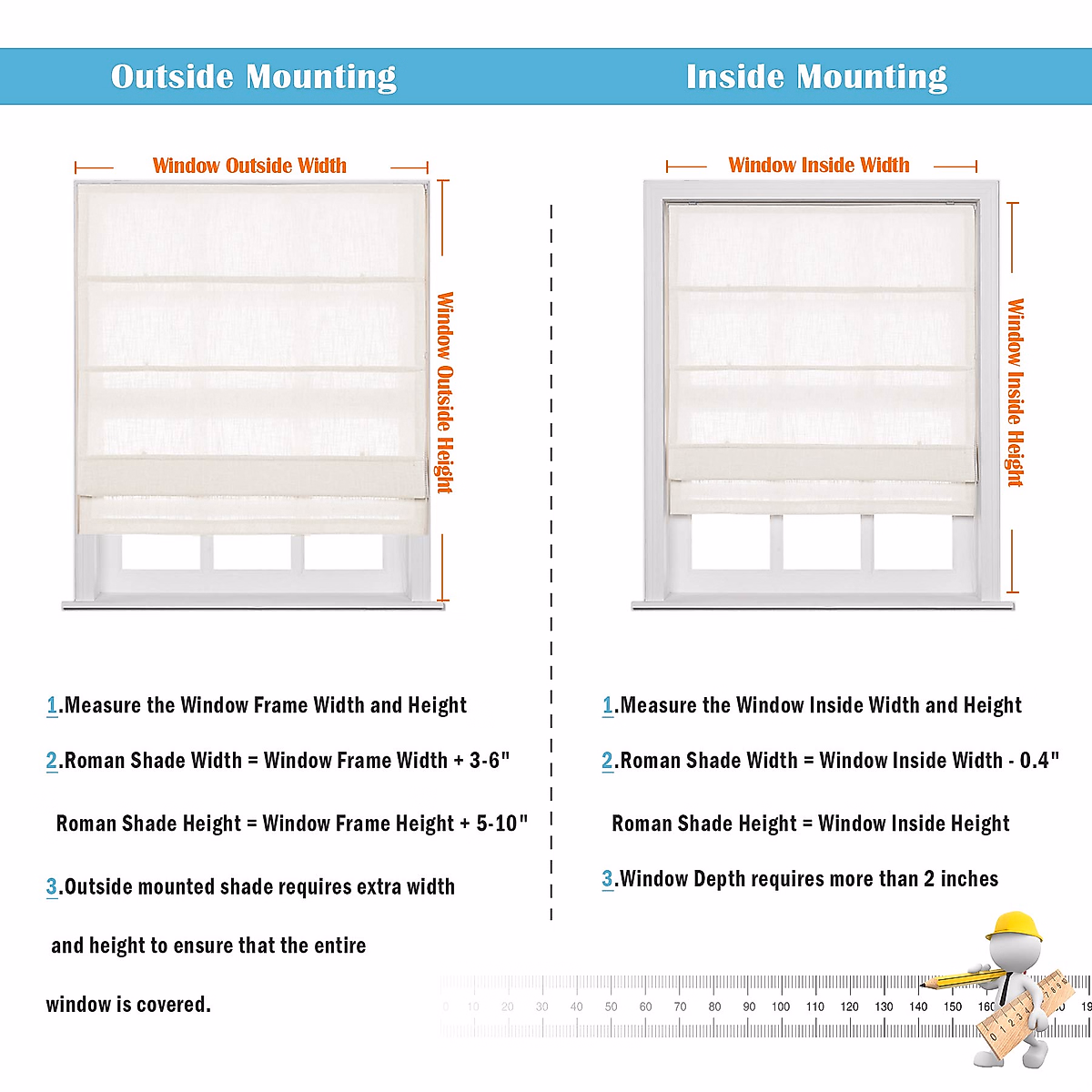 Cololeaf Roman Shade - Faux Linen, Light Filtering & Blackout, Washable Fabric, Install Hardware Included, Snow White, 1 Piece