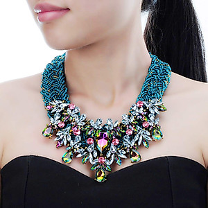 Fashion Jewelry Resin Beads Cluster Chain Choker Collar Rhinestone Bib Statement Pendant Necklace Blue