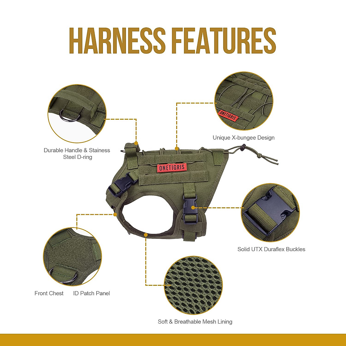 OneTigris Dog Harness, Tactical Dog Harness No-Pull Breathable Adjustable Pet Vest with Handle for Outdoor Walking(Ranger Green,Small)