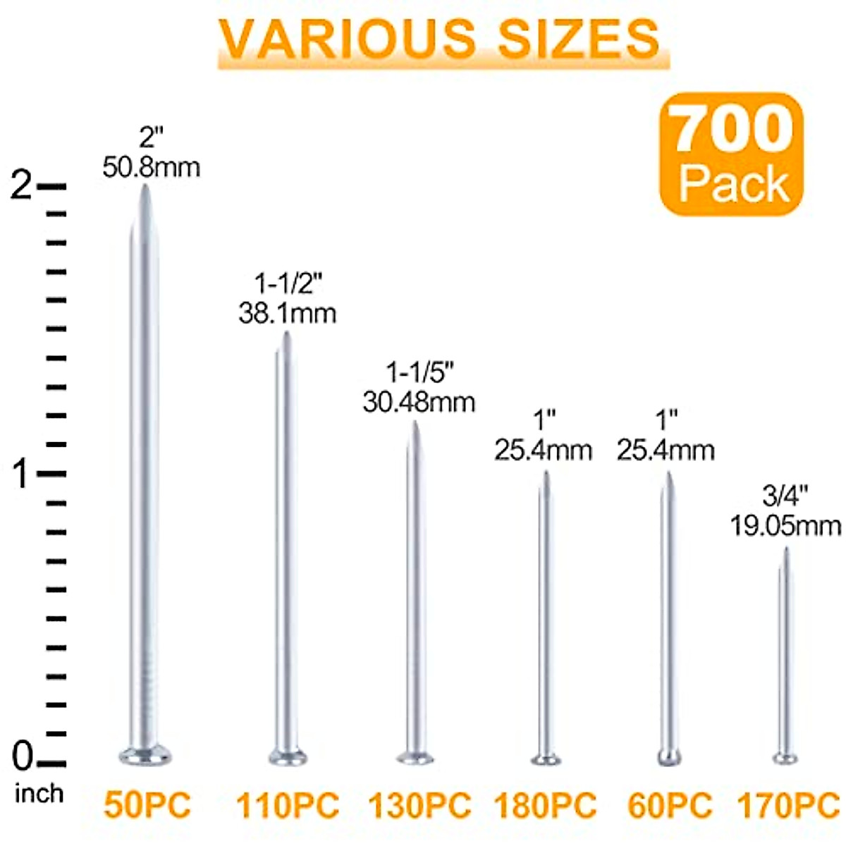 KURUI 700pcs Hardware Nails for Hanging Pictures Assorted Kit, Up to 2"-Long Picture Hanging Nails for Wall Drywall Wood, 6 Sizes Nails Assortment Kit, 640 Frame Nails and 60 Small Finishing Nails