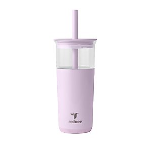 REDUCE Aspen 20 oz Vacuum Insulated Glass Tumbler with Lid & Extra Wide Straw - Keeps Drinks Cold for 12 Hrs - Ideal for Iced Coffee, Smoothies & Boba - Dishwasher Safe, Soft Base - Lilac Bud