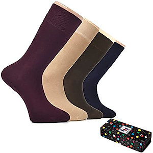 Hugh Ugoli Men's Bamboo Dress Socks for Business & Trouser, Thin & Seamless Crew Socks, 4 Pairs with Gift Box, Shoe Size 8-12, Assorted, Shoe Size: 8-12