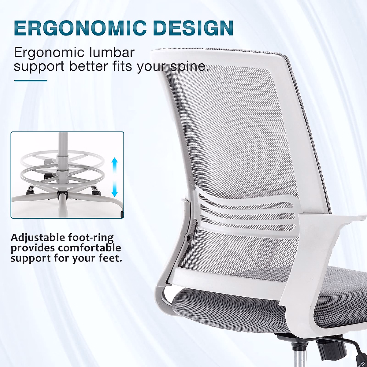 AFO Tall Office Drafting Chair with Ergonomic Lumbar Support, Armrests and Adjustable Foot Ring Breathable Mesh, Comfortable Padded Seat Cushion, for Standing Desk, Grey 18.5D x 18.9W x 45.47H Inch