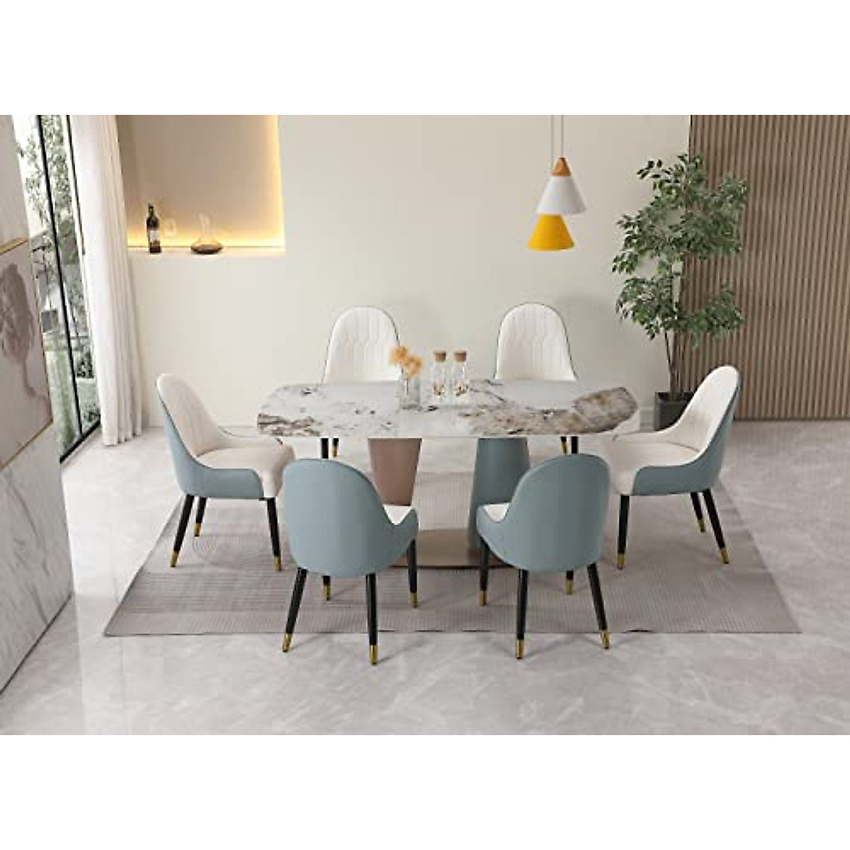 HomSof Pandora Color Sintered Stone Dining Table Set with 6 pcs Chairs, 7 Pieces, Green+White,7 Pieces
