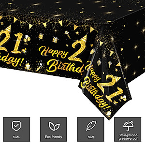 durony 2 Pack 21st Birthday Tablecloth Table Cover Plastic Black Gold Happy Tablecloth Waterproof Rectangular Table Cloth Cover for Indoor or Outdoor Parties Birthday