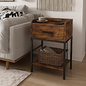 Fixwal Nightstand with Charging Station, Bedside Table with USB Ports and Outlets for Bed, 3-Tier End Table with Drawer Storage for Living Room Bedroom, Rustic Brown