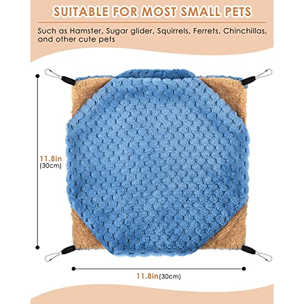 TINDTOP Small Animals Hammock, Ferret Sugar Glider Triple Bunk Bed Cage Warm Plush Hanging Hammock Bed Hideout for Hamster Guinea Pig Rat Ferret Chinchilla (Grey + Blue)