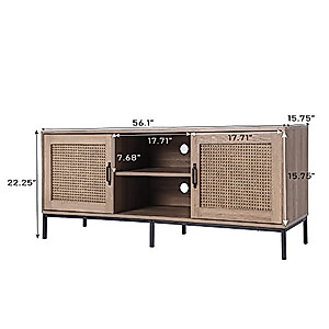 BIRASIL Industrial TV Stand, Wood TV Cabinet with Rattan Doors, Entertainment Center with Storage, Rustic Television Stands for TVs up to 60 inch for Living Room (Natural Oak, 56 Inch)