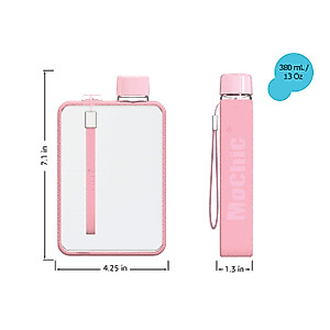 Mochic 13oz Flat Portable Travel Mug Handbag Slim Cold Flask | BPA Free A5 Water Bottle Tritan Plastic | Sports, Camping, Gym, Fitness, Outdoor - Leak Proof. 380ml (Pink)