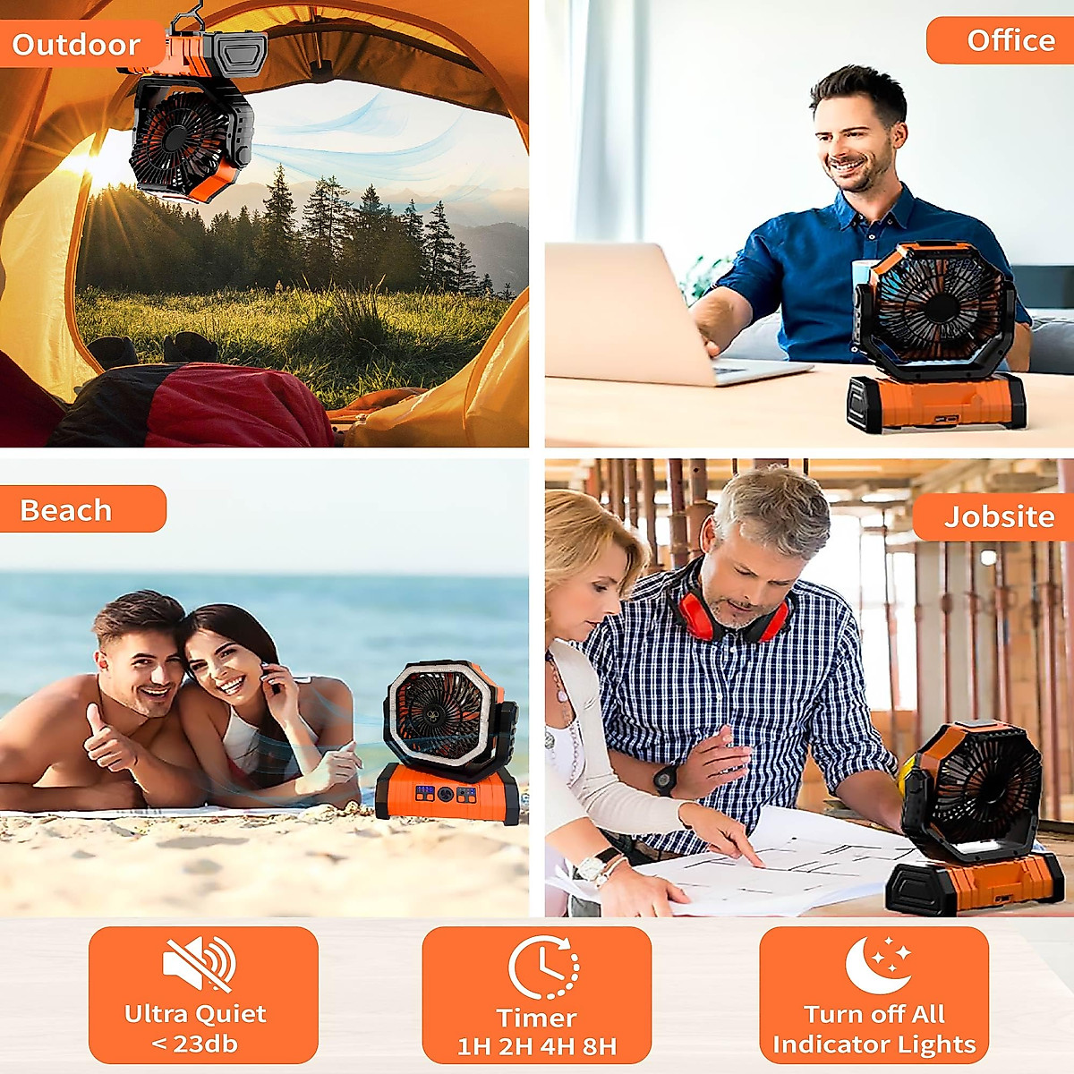 Vackon Portable Outdoor Electric Fan with LED Light 20000mAh Battery Operated camping with hook. USB charging desk fan for Hiking, Fishing, Picnic, Emergency Use