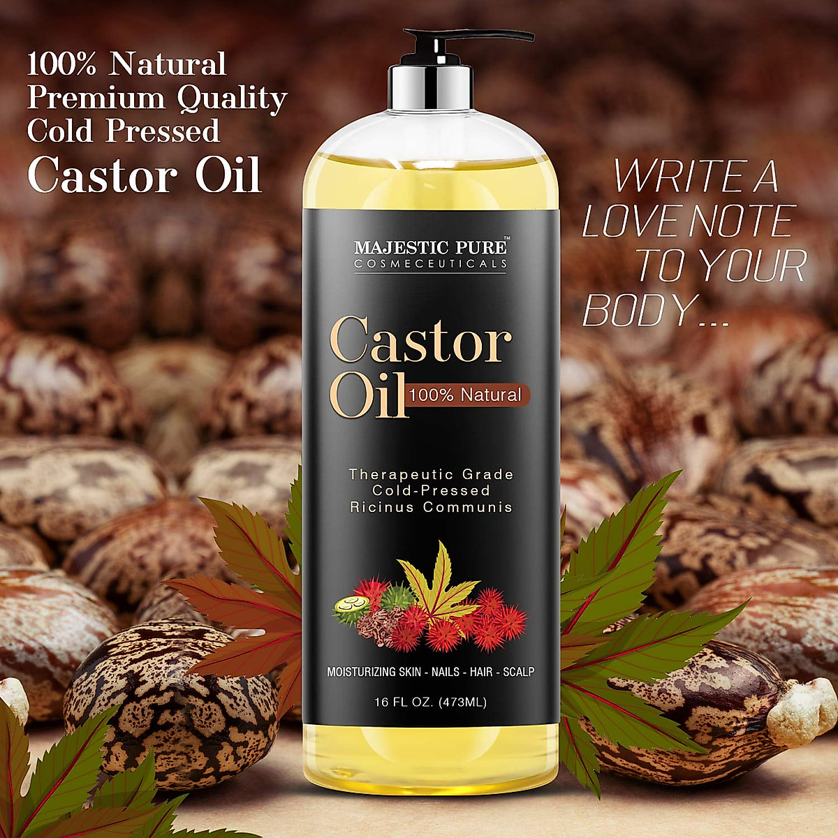 Majestic Pure Castor Oil | 100% Natural | Premium Grade Cold Pressed | Hair, Eyelashes, Eyebrows, Nails | Moisturizing & Nourishing | Body, Hair & Carrier Oil | 16 Fl Oz