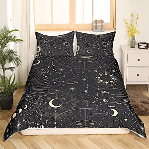 Feelyou Sun and Moon Duvet Cover Boho Exotic Bedding Set Galaxy Astrology Comforter Cover for Boys Girls Children Teens Bedroom Decor Chic Cute Luxury Zodiac Signs Bedspread Cover Queen Size
