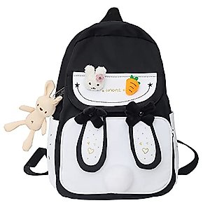 Kawaii Bunny Ears Backpack with Bunny Plush Cute Japanese Backpack for School Teen Girls Kawaii Stuff School Supplies (Black)