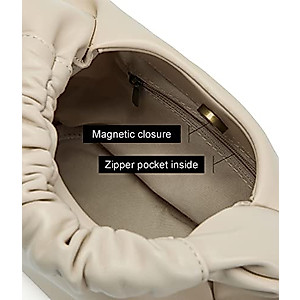 Pettata Chic Top Handle Bag for Women Small Ruched Hobo Handbag Beige Soft Faux Leather Tote Bags Purse