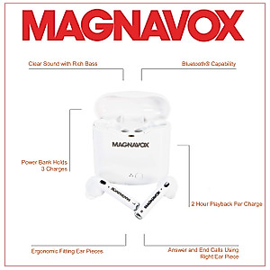 Magnavox MBH570 Bluetooth Mini Wireless Ear Buds with Charging Case in White