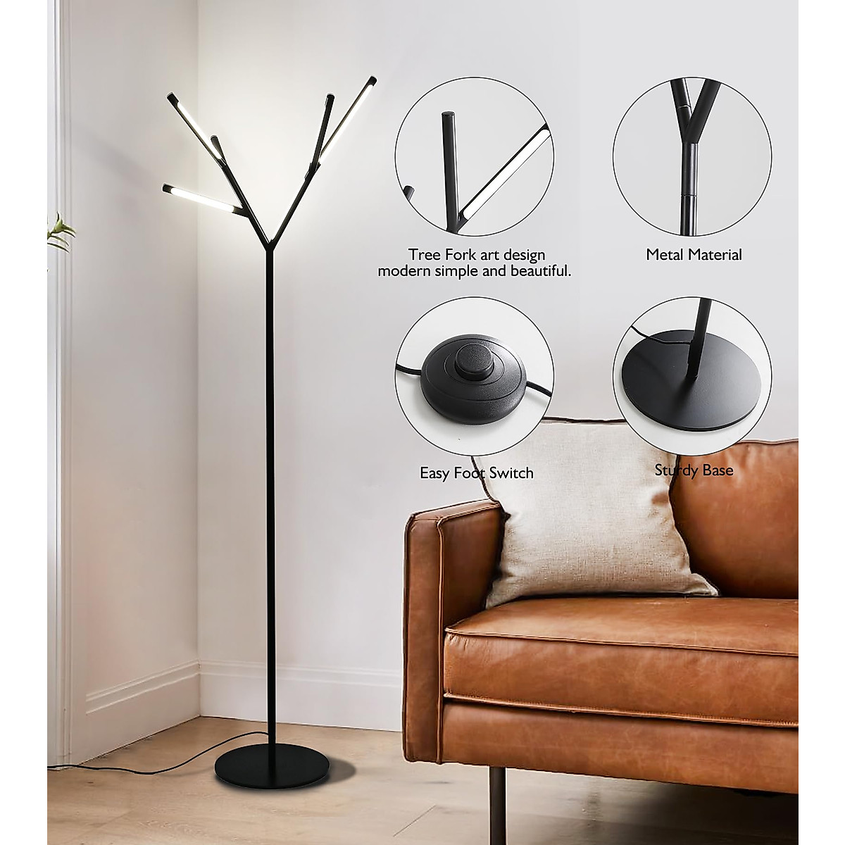Q&S Led Floor Lamp,Black Modern Industrial Contemporary Corner Floor Lamp Tall Tree Bright Reading Standing Lighting for Bedroom Living Room Office
