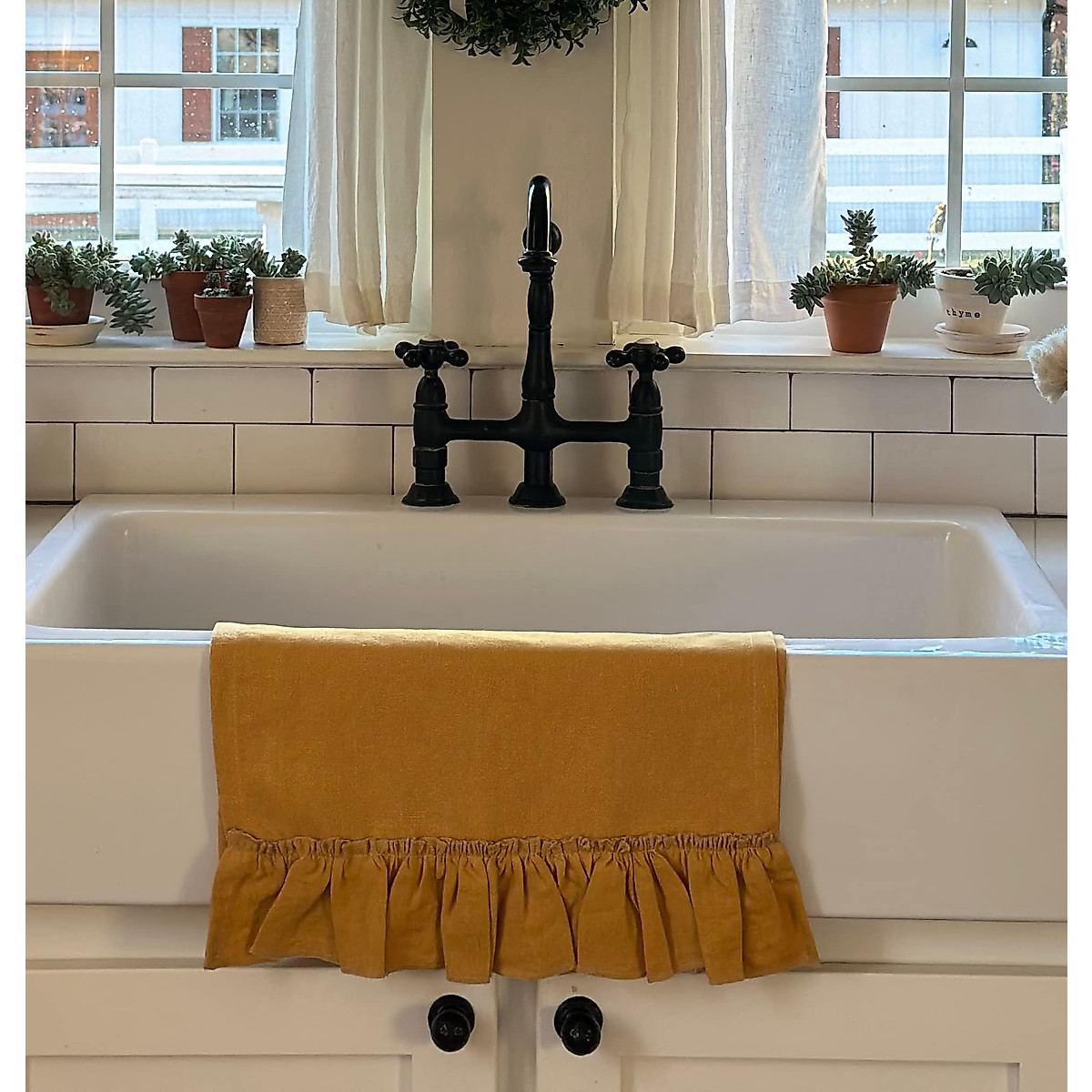 Farmhouse Linen Dish Towel, Linen Tea Towel, Ruffled Linen, Set of 2, Shabby Chic (Ochre)