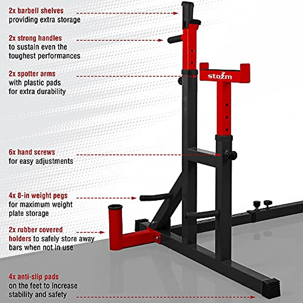 STOZM Combo Barbell Rack & Adjustable Weight Bench (Red)