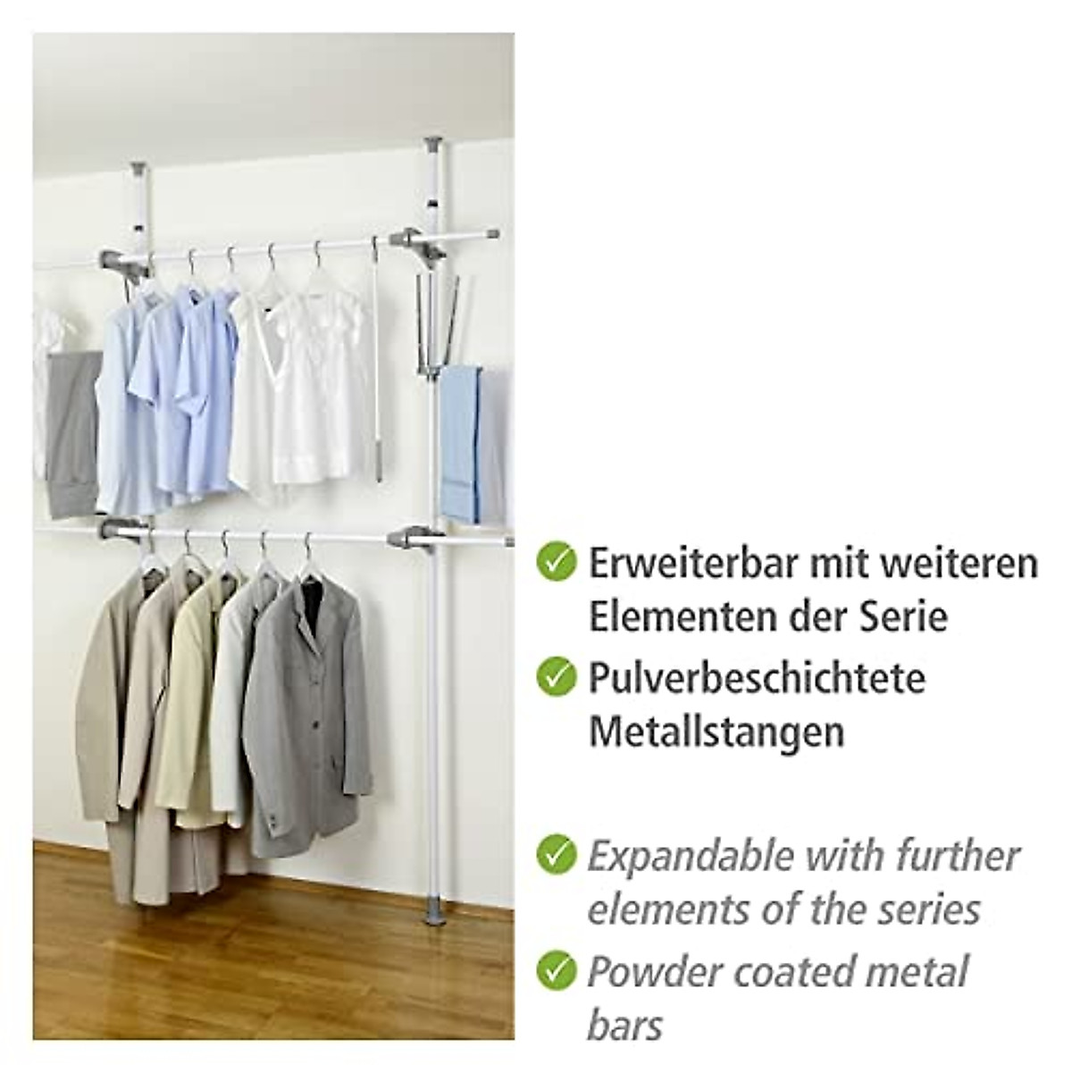 WENKO Herkules Flex Garment Rack, Rail, Adjustable, Tension Rod, Heavy Duty, for Hanging Clothes, Storage, Organizer, with Shelves, 14.2 x 74.8 x 118.1 inch, White