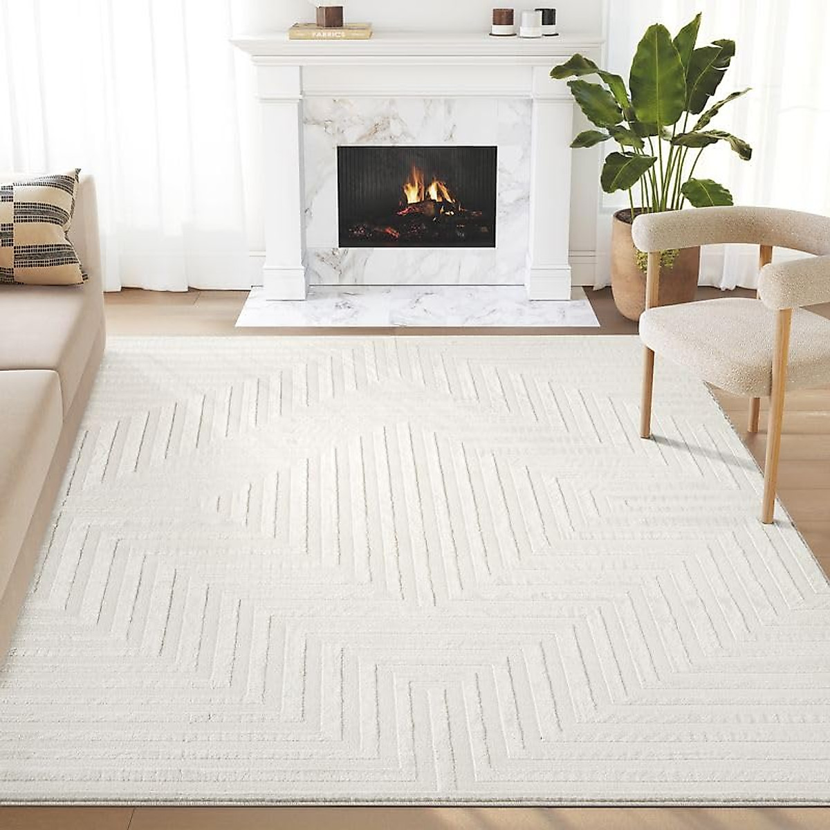 Abani Neutral Cream Area Rug 5' x 8' for Living Room, Bedroom - Tone-on-Tone Geometric Design - Durable & Easy to Clean