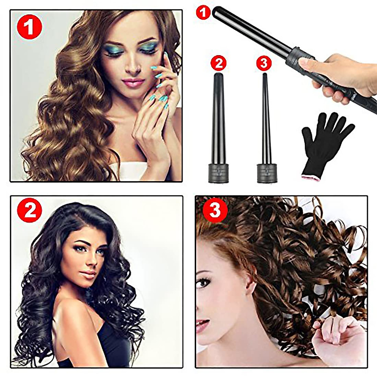 iMissiu Tourmaline 3 in 1 Curling Wand Set with 3 Interchangeable Curling Iron Ceramic Barrels with Heat Resistant Glove – Black