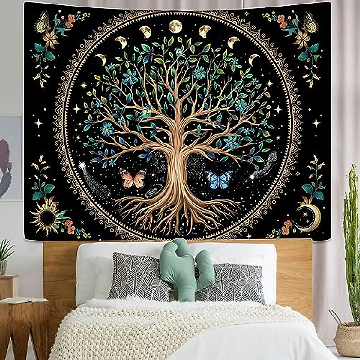 Lunerfex Tree of Life Tapastry Butterfly Moon Flower Boho Floral Plant Tapestries for Bedroom Aesthetic's Wall Hanging Mandala Botanical Tapestry for Living Room Dorm (black, 60x80 inches)