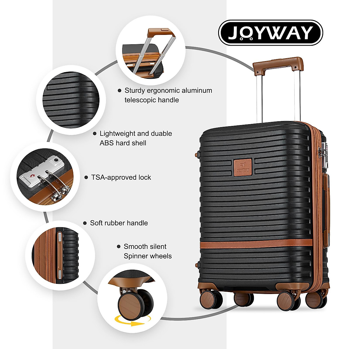 Joyway Carry On Luggage 20 Inch Expandable Suitcase with Spinner Wheel, 3 Piece Hard Shell Luggage Set with TSA Lock(Black)
