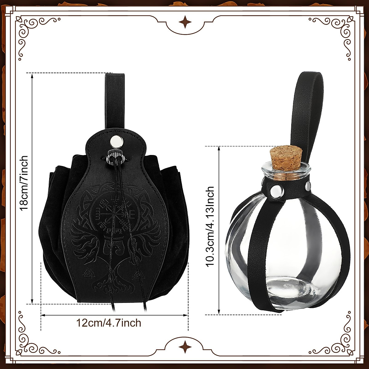 Sweetude 5 Pcs Medieval Belt Renaissance Costume Viking Leather Belt Pouch Arm Guard Potion Bottle (Black,Basic Style)