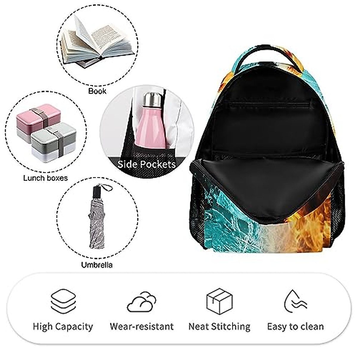 Supdreamc Lightweight Daypack Bookbag for Trekking Business Walking Cycling - Big Capacity Anti-Theft Multipurpose Carry On Bag, Ice Water Fire Flame Phoenix Bird Art Business Computer Bag