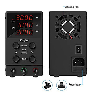 Kungber DC Power Supply Variable, 30V 10A Adjustable Switching Regulated DC Bench Linear Power Supply with 4-Digits LED Power Display 5V/2A USB Output, Coarse and Fine Adjustments with Alligator Leads