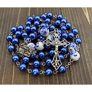 Nazareth Store Blue Pearl Beads Rosary White Flowers Beaded Necklace Lourdes Medal & Cross Crucifix