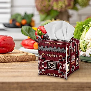 Gearider PU Leather Tissue Box Holder, Brown Aztec Tribal Modern Square Tissue Box Cover Decorative Paper Facial Case Dispenser for Bathroom, Office, Car, Home Decor