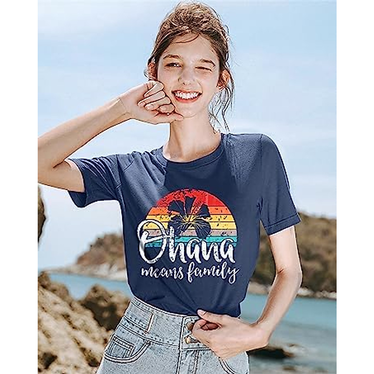 Hawaiian Shirts Women Ohana Means Family Shirt Hawaii Tropical Graphic Tees Summer Beach Tops Vacation Camping Outfits Blue