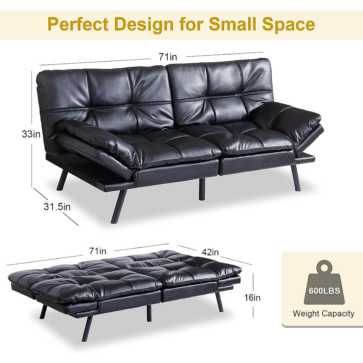 MUUEGM Futon Sofa Couch Bed Memory Foam Futon Couch Convertible Couch Bed Modern Sofa Sleeper Couch Love Seat for Living Room,Small Space,Office,Adjustable Backrests&Armrests Sofabed Black