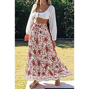 ZESICA Women's 2025 Summer Bohemian Floral Printed Elastic Waist A Line Maxi Skirt with Pockets,Floral White,Medium