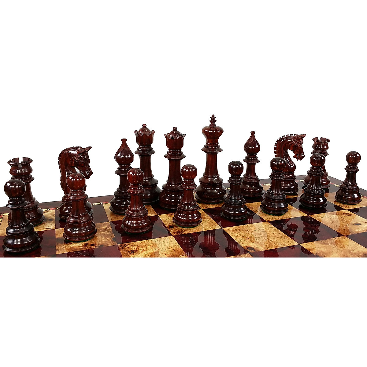 4 Queens - Large 4 3/8" King Staunton Luxury Bud Rosewood Chess Men Set W/ 20" Cherry Color Storage Board