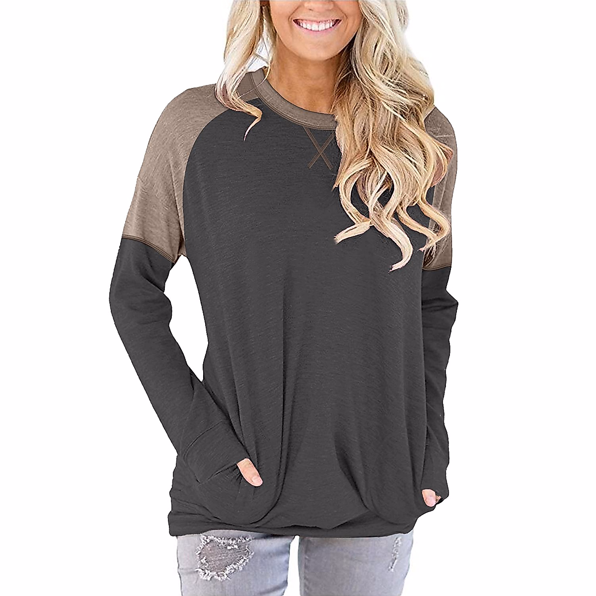 Angerella Tops for Women Cute Color Block Long Sleeve Shirts Basic Lightweight Round Neck Sweatshirt Gray M