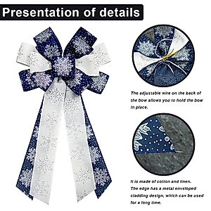 On-Airstore Large Christmas Wreath Bows, Christmas Navy Blue Snowflake Ribbon Bows for Wreaths, Large Tree Topper Bows for Christmas Home Garden Indoor Outdoor Decoration Wreath Ornament Supplies