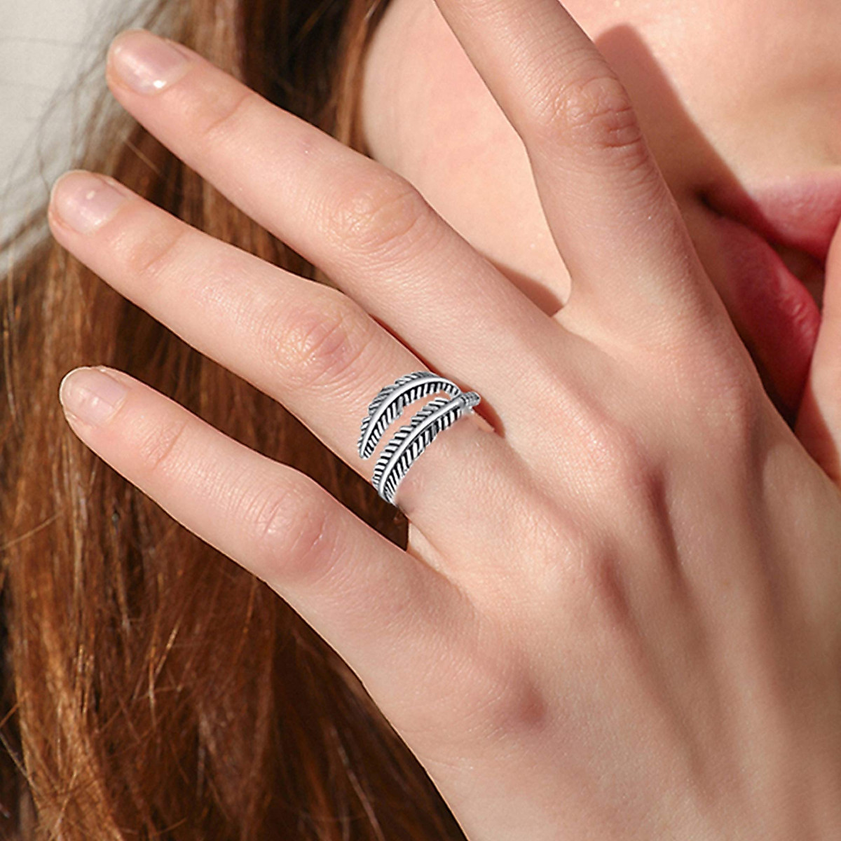 JOERICA 925 Sterling Silver Rings for Women Adjustable Feather Ring Statement Leaf Ring Open Stackable Plain Wedding Band Ring