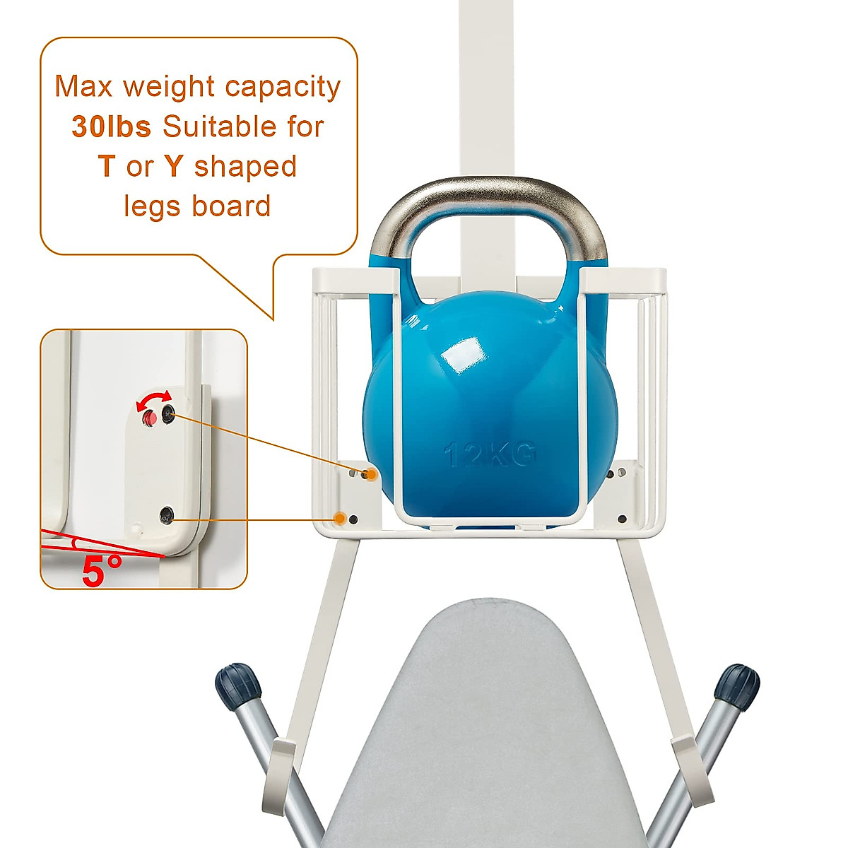 ORLESS Over The Door/Wall Mount Ironing Board Hanger, Laundry Room Iron and Ironing Caddy Board Storage Holder Cream