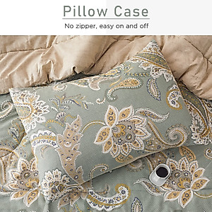 ATsense Paisley Comforter Set King, All Season 3-Piece 100% Cotton Fabric, Soft Microfiber Filled Bedding, Lightweight Reversible Duvet Insert (Sage Green, MEZY)