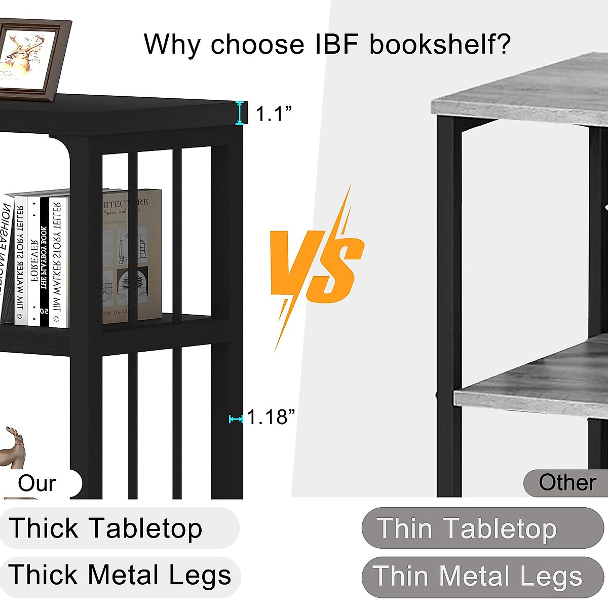 IBF Horizontal Cube Book shelf, Industrial Modern Open Bookshelf, Low Wide Home 5 Cube Storage Organizer Long Shelf for Bedroom, Short Wood and Metal Cubby Book Shelf for Living Room, Black Oak, 47 In