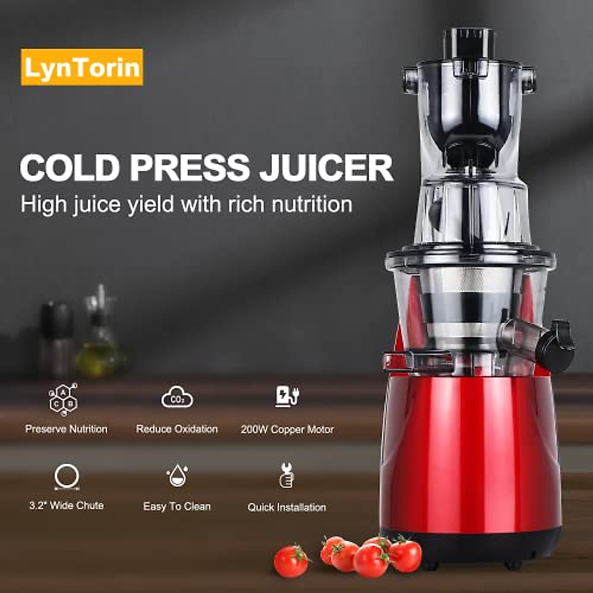 LynTorin Cold Press Juicer Machine, Slow Juicer Cold Press with 3.2" Wide Feed Chute, 200W Slow Masticating Juicer Machine for Vegetable and Fruit, Juicer Machine for Home Use with Brush, Easy to Clean