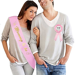 SKJIAYEE Baby Shower 'Mommy to Be' and 'Daddy to Be' Badge Pins and Sash Kit(3 pcs, Pink) for Girl, Welcome Baby Gender Reveals Party Baby Sprinkle Gifts