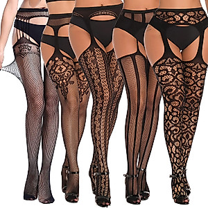 SOUTHRO 5 Pairs Black Thigh High Stockings Patterned Tights-Fishnet/Net,Garter Belts Set & Suspender Pantyhose for Women